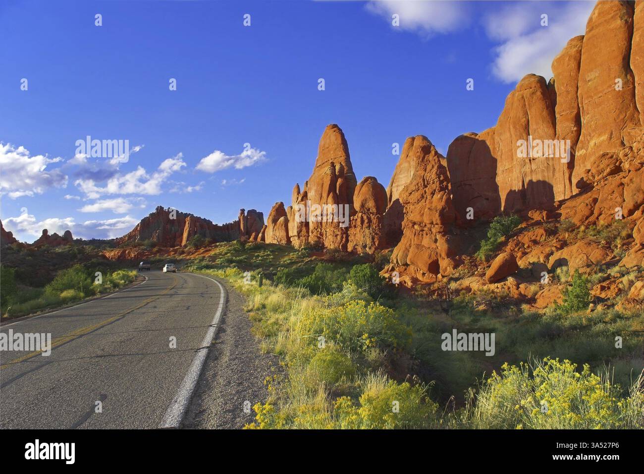 Road among freakish natural stone formations in the well-known park ...