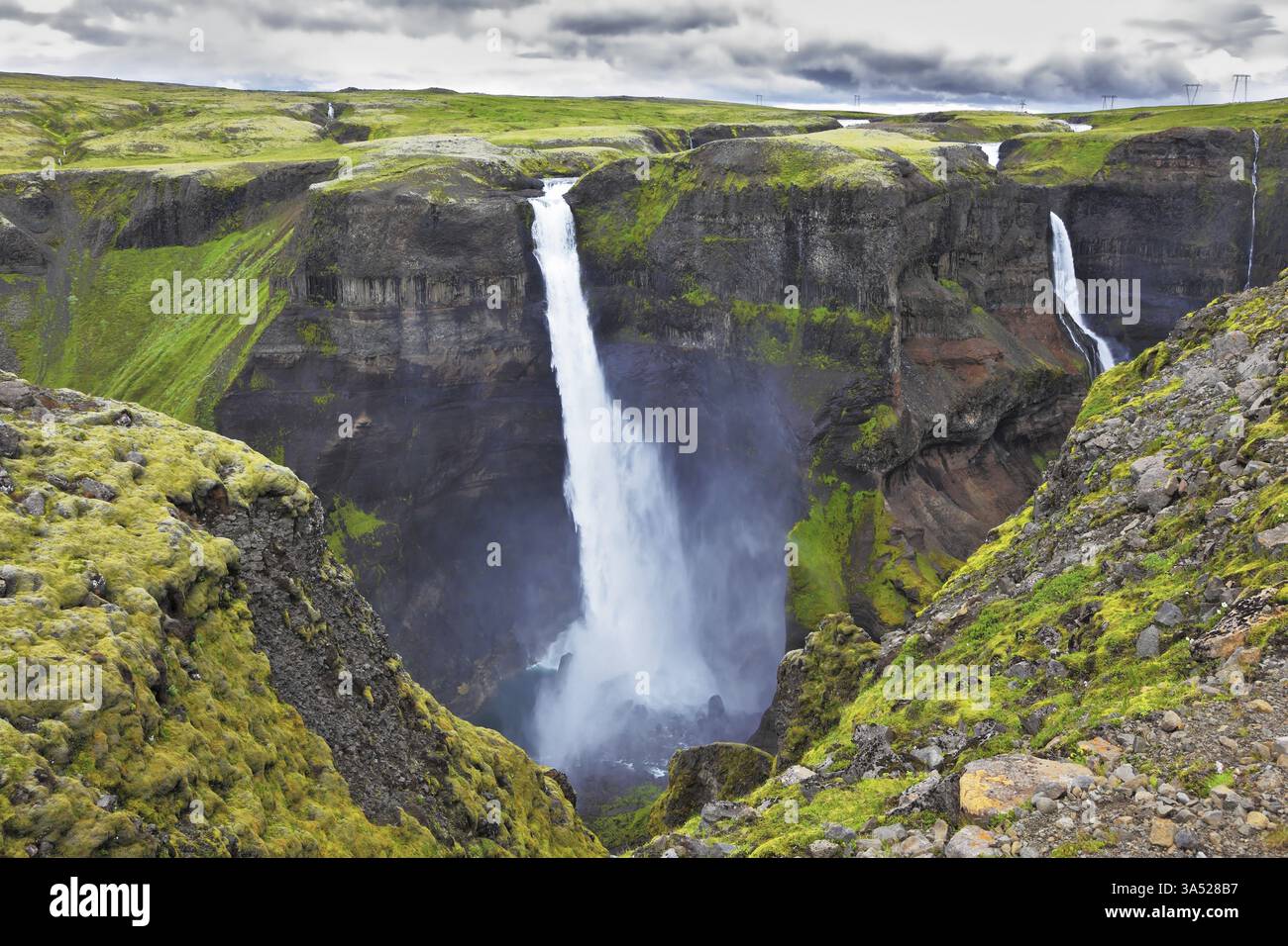 Hayfoss dangerous waterfall in Iceland. Vertical cliff, from which the ...
