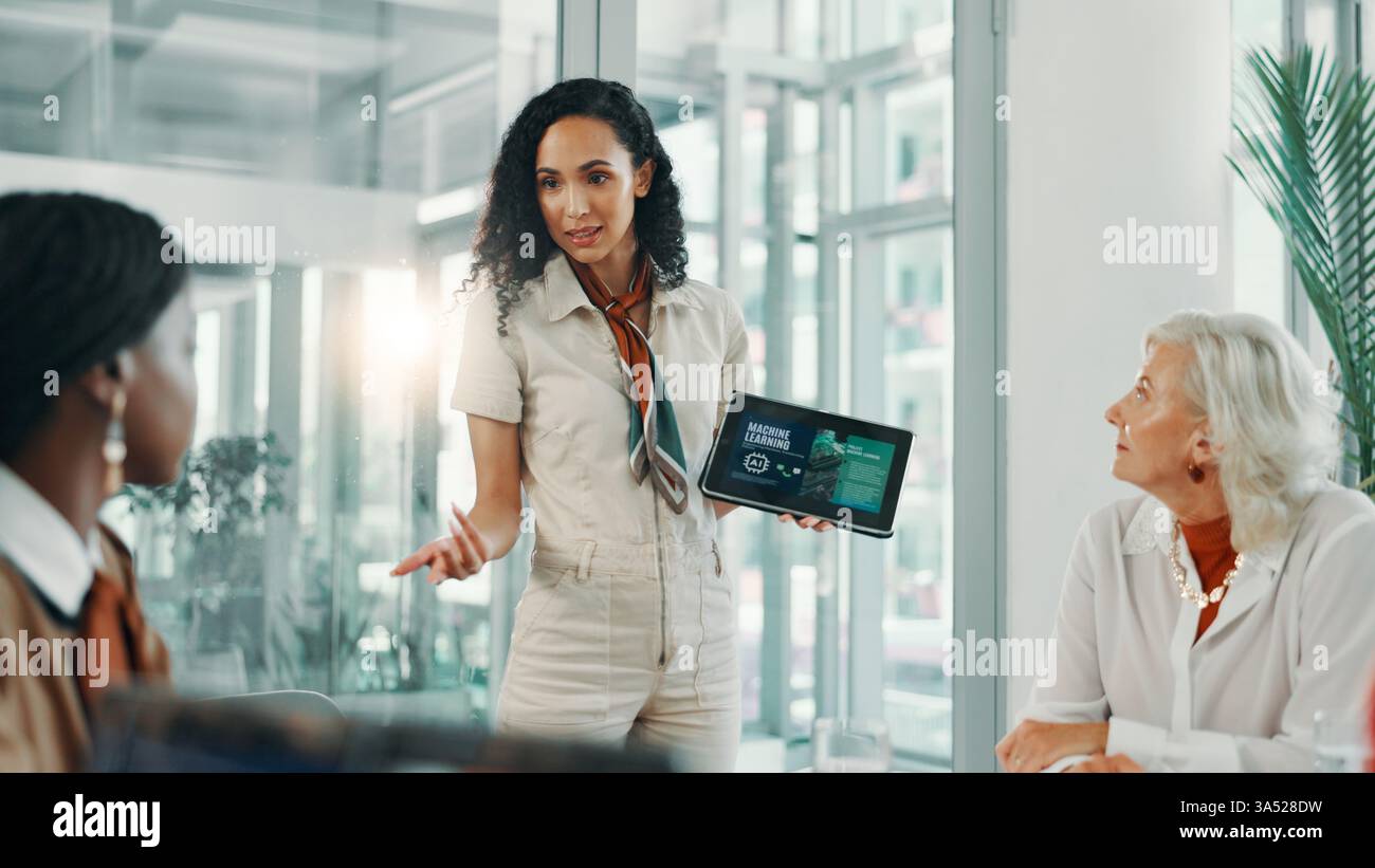 Artificial Intelligence Meeting And Women With Tablet Business And Robotic Process Automation