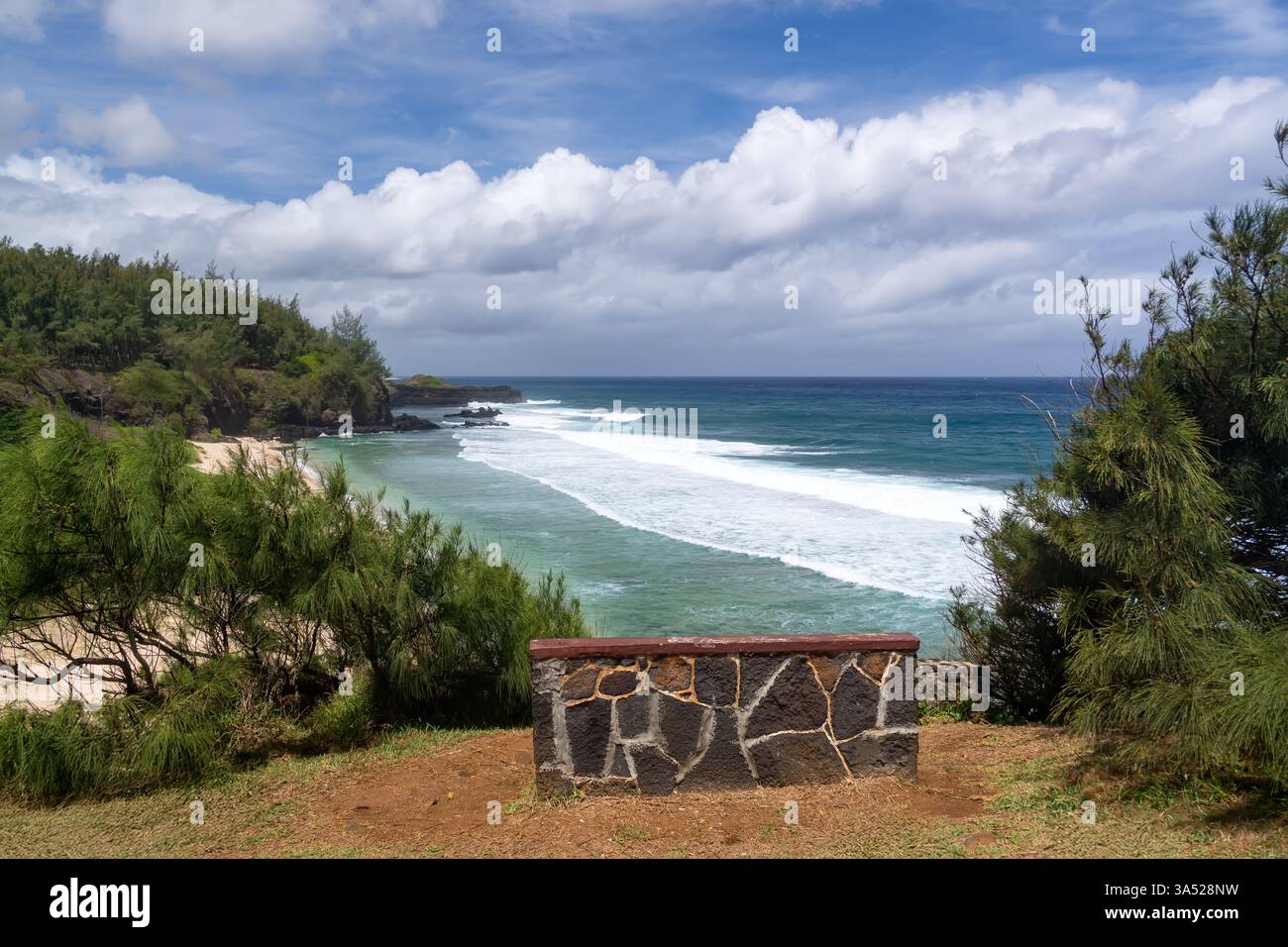 Serene coastal viewpoint with stone bench with breathtaking ocean view ...