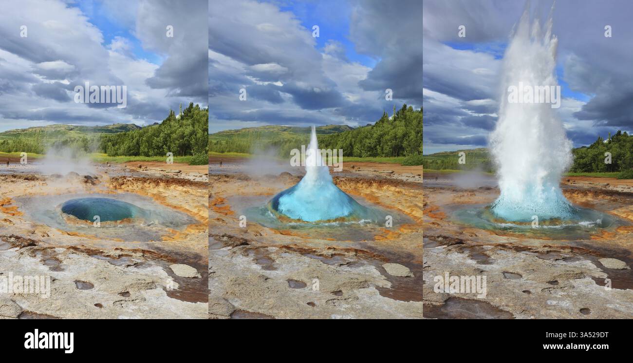 Collage showing different phases of the action of the geyser. Geyser Strokkur in Iceland ...