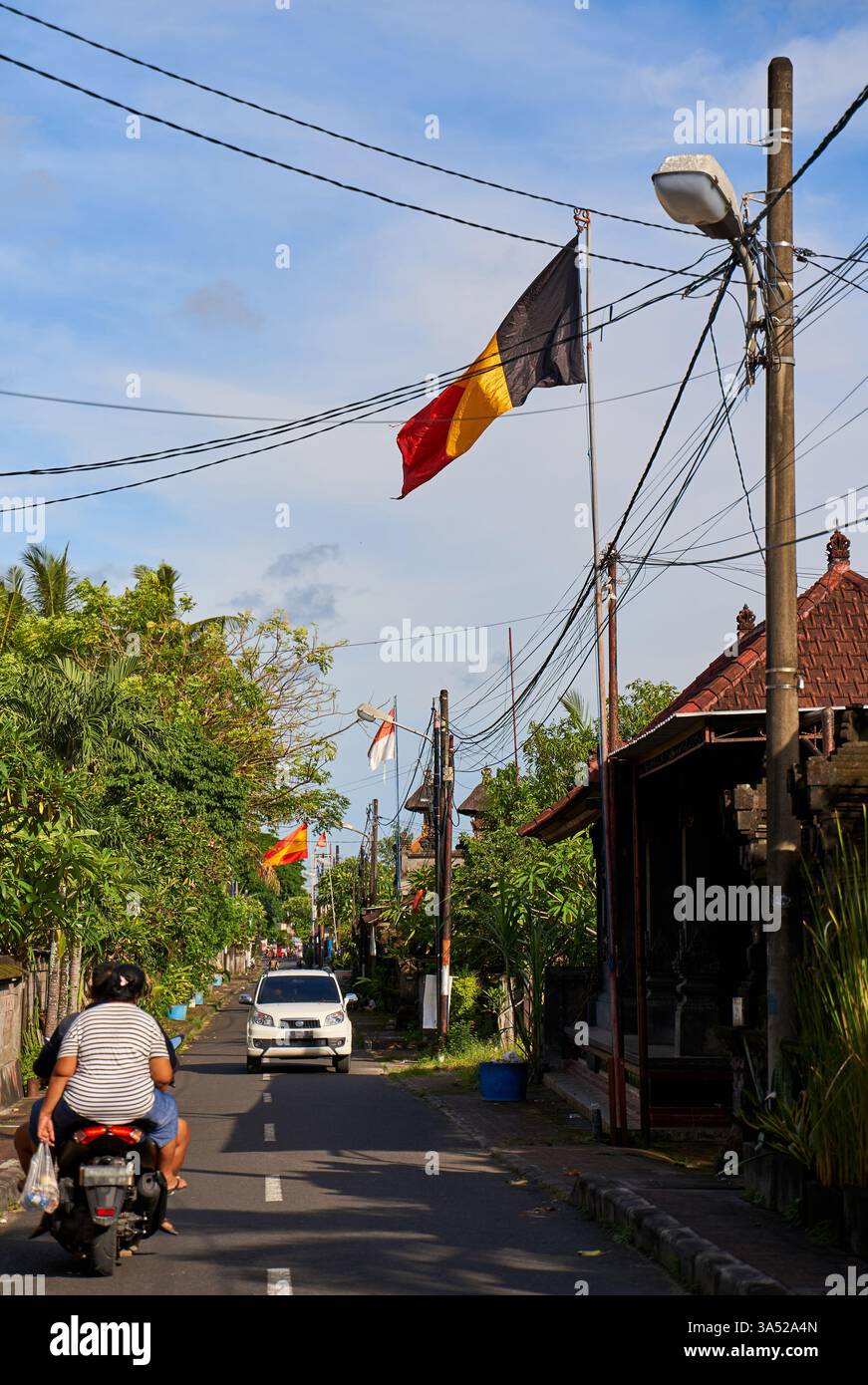 Local people hang flags of different countries on poles outside their homes. Soccer fans in a ...