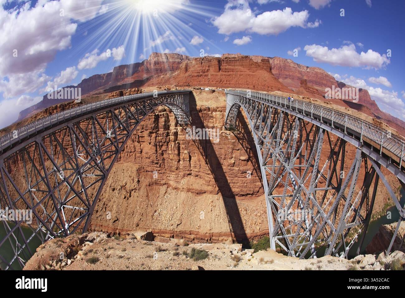 The famous double Navajo Bridge over the River Colorado separately for ...