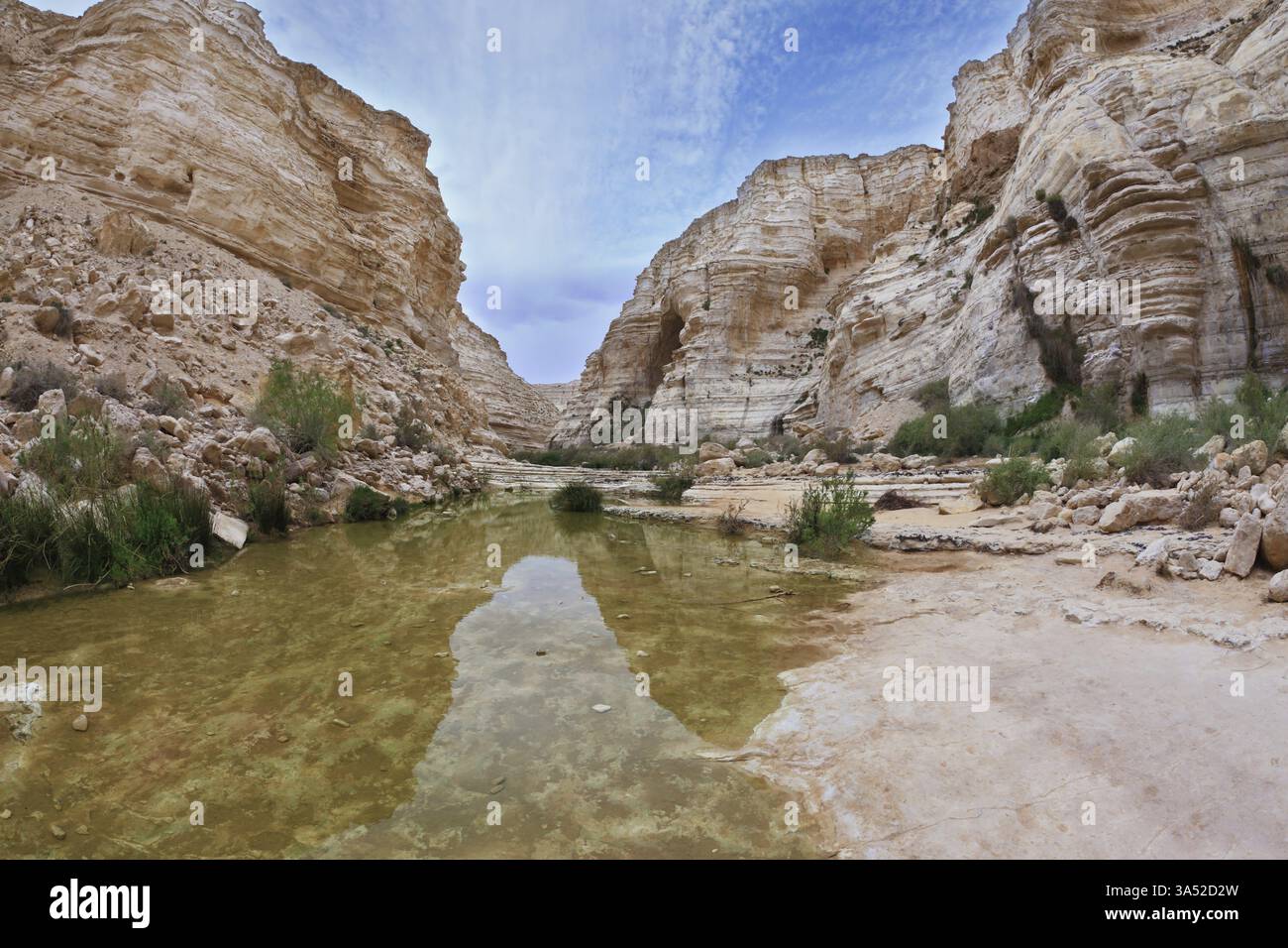 Magnificent canyon, creek and picturesque waterfall. Ein Avdat National ...