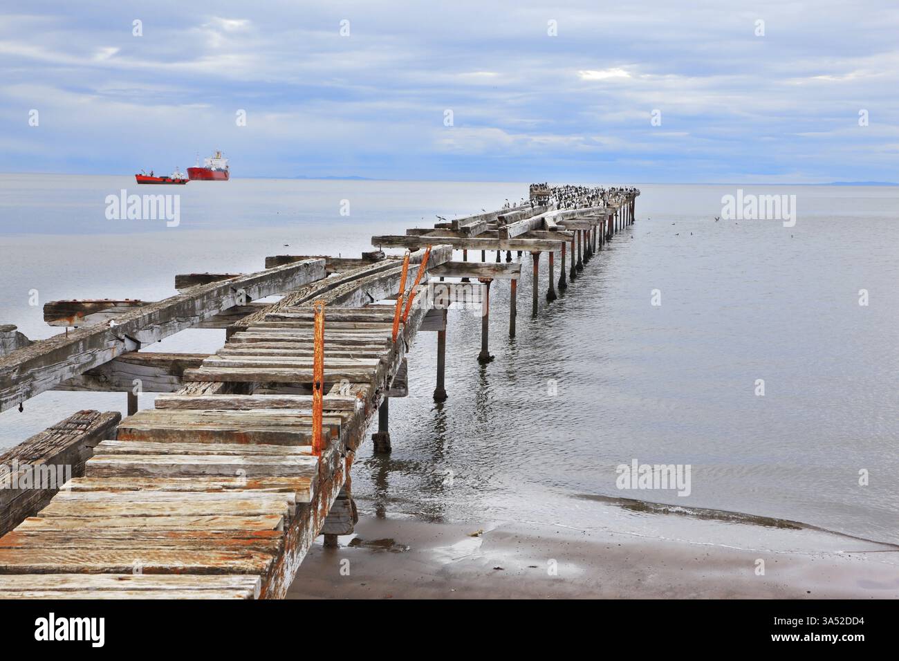 Abandoned pier. Old dilapidated pier in the Strait of Magellan. In the ...