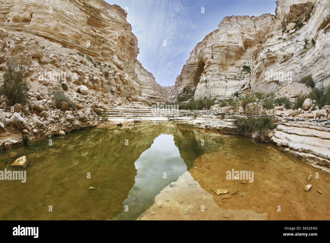 Magnificent canyon, creek and picturesque waterfall. Ein Avdat National ...