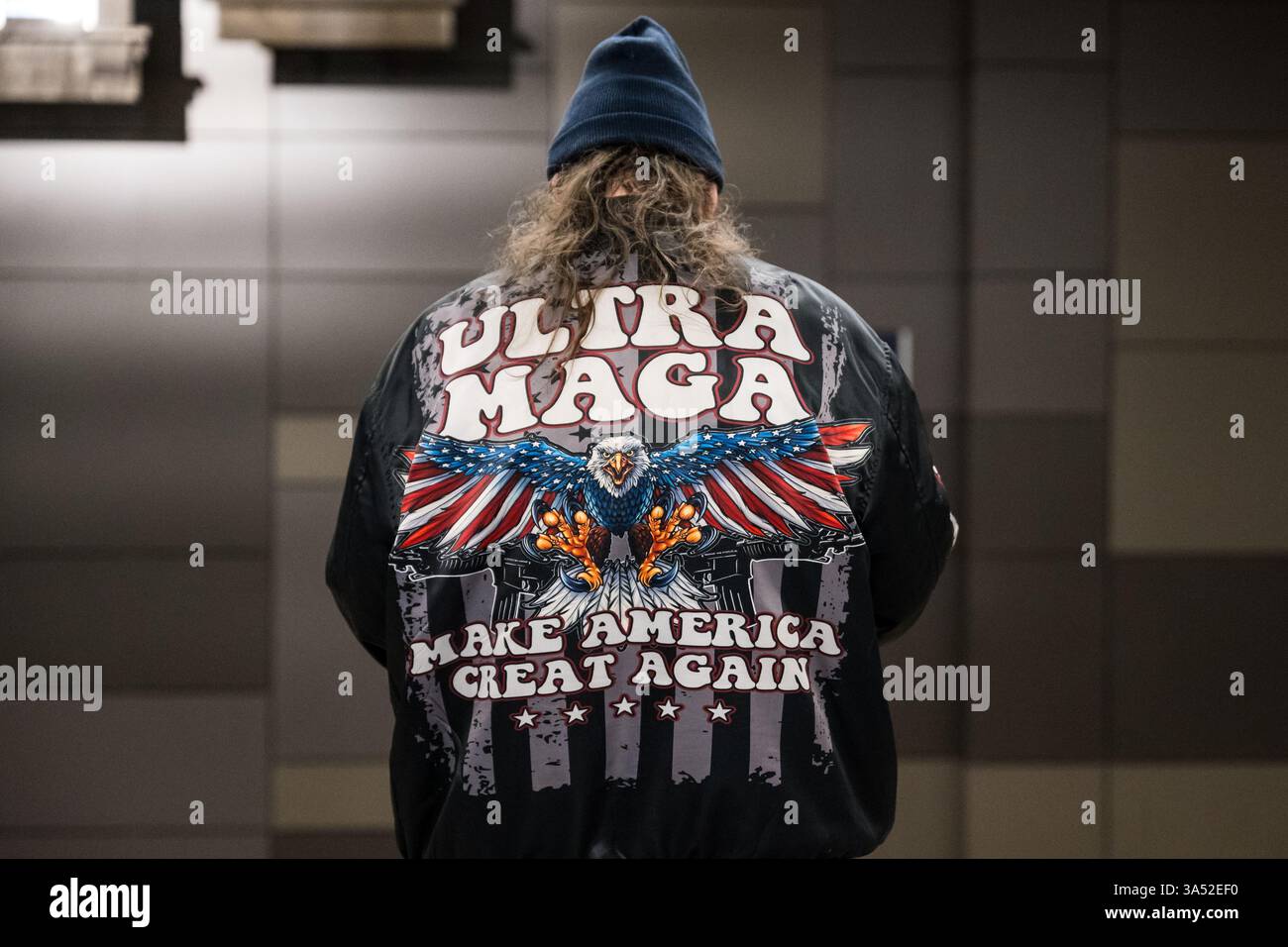 Seattle, USA. 18th Mar 2025. Person wearing an Ultra Maga jacket in ...