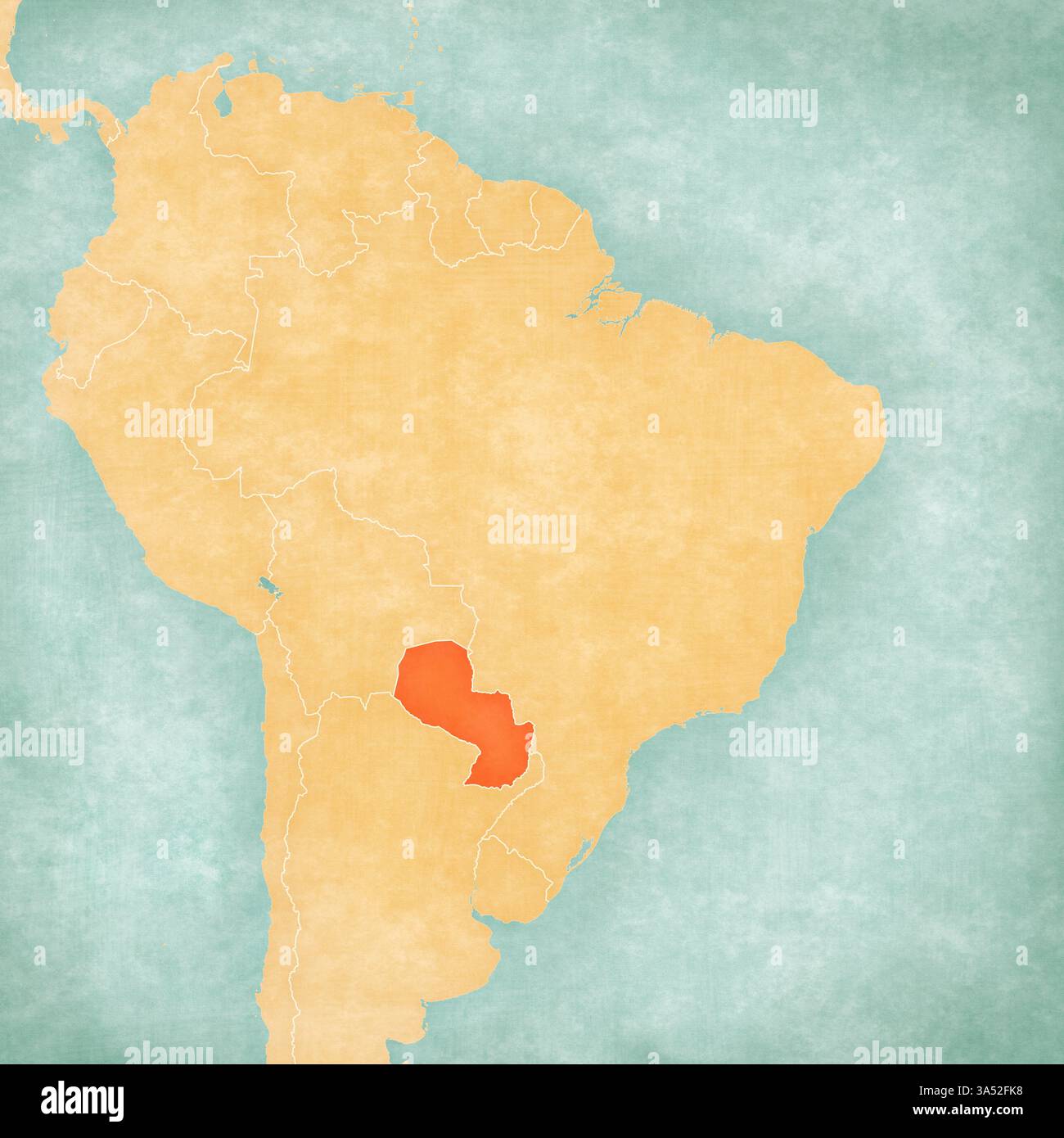 Paraguay on the map of Brazil in soft grunge and vintage style, like ...