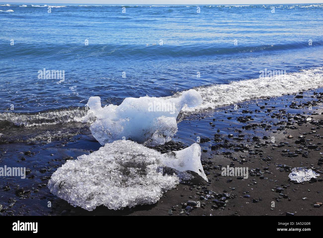 The Arctic Ocean. Floes ice shine in the sun on the beach with black ...