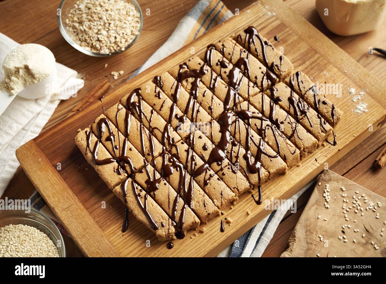 Homemade healthy snack bars made with whey protein powder, oat flakes ...