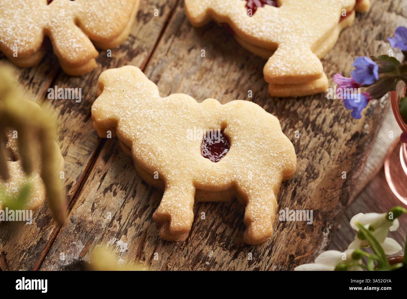 Homemade Linzer cookie in the shape of Easter sheep filled with ...