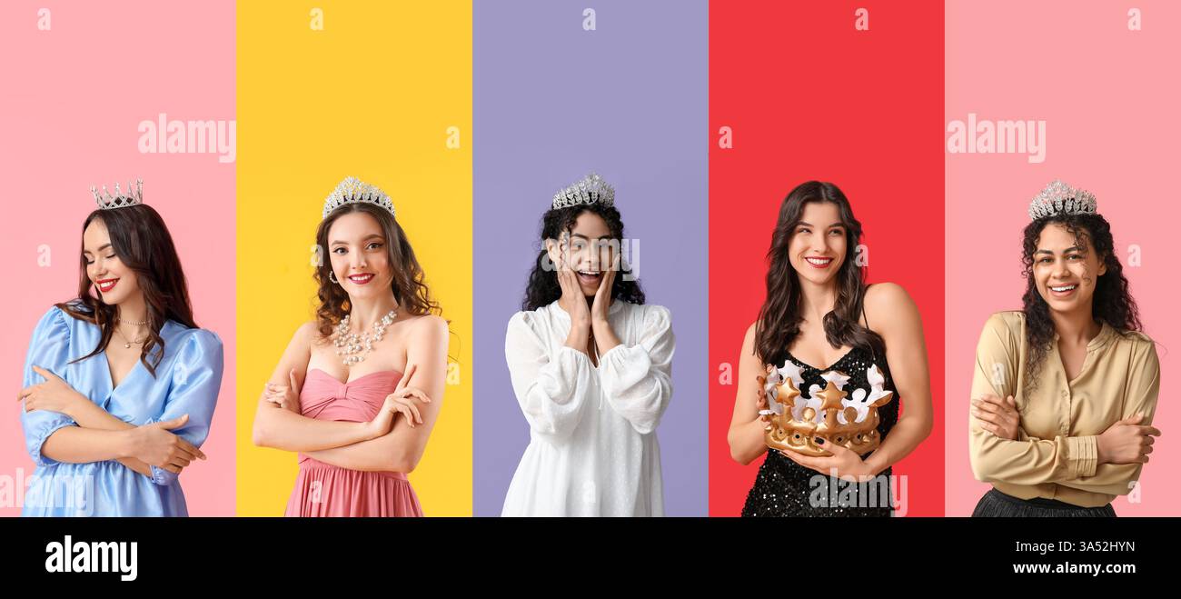 Set of beautiful young girls in prom dresses on color background Stock ...