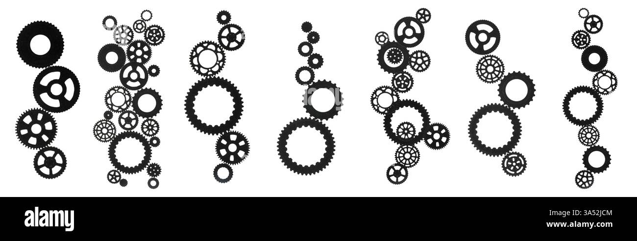Collage of black paper gears on white background Stock Photo - Alamy