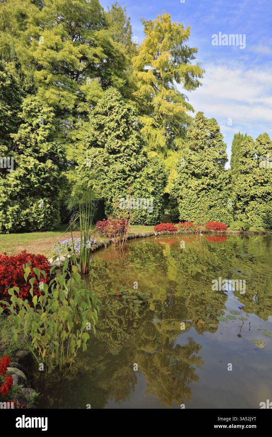 Picturesque bush with red flowers around a circular pond. Beautiful ...