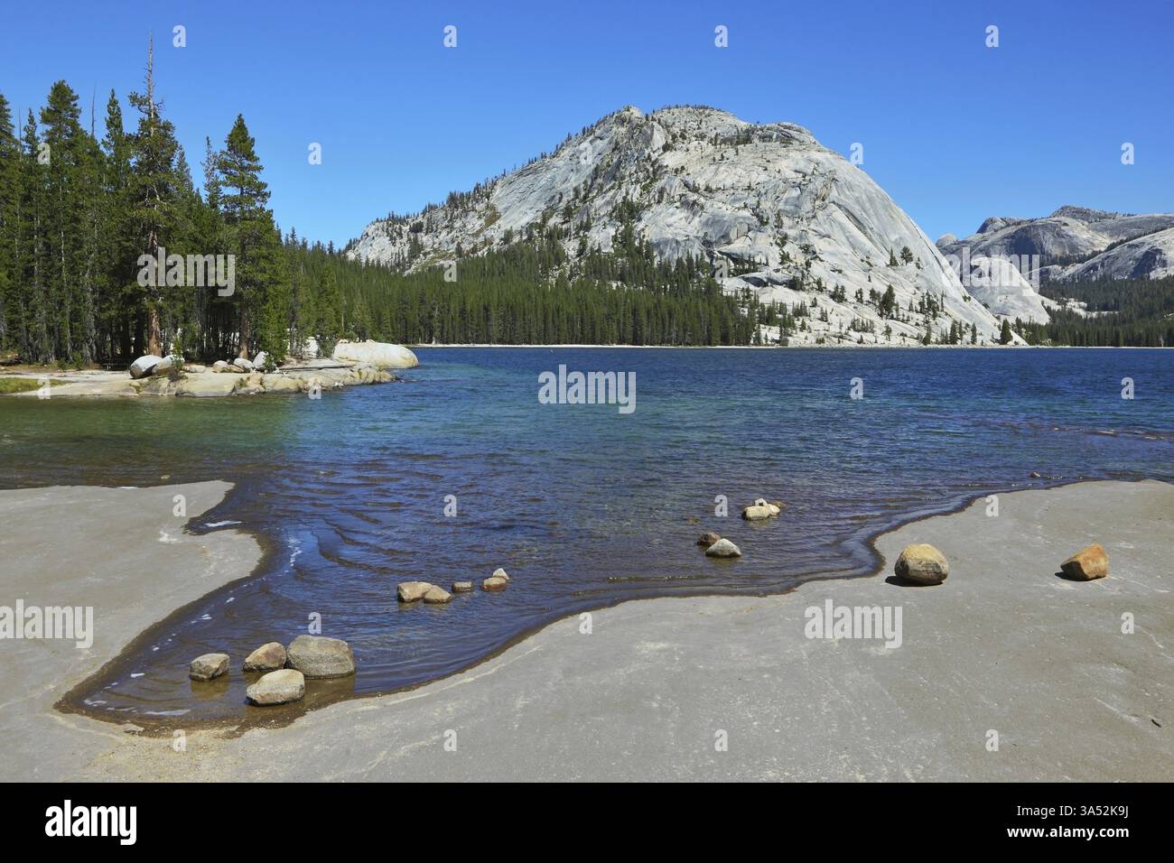 Flat coast of shallow lake in mountains of national park Yosemite Stock ...
