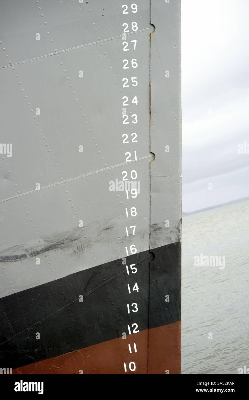 Close-up of the scale of a depth gauge on the side of a ship's bow ...