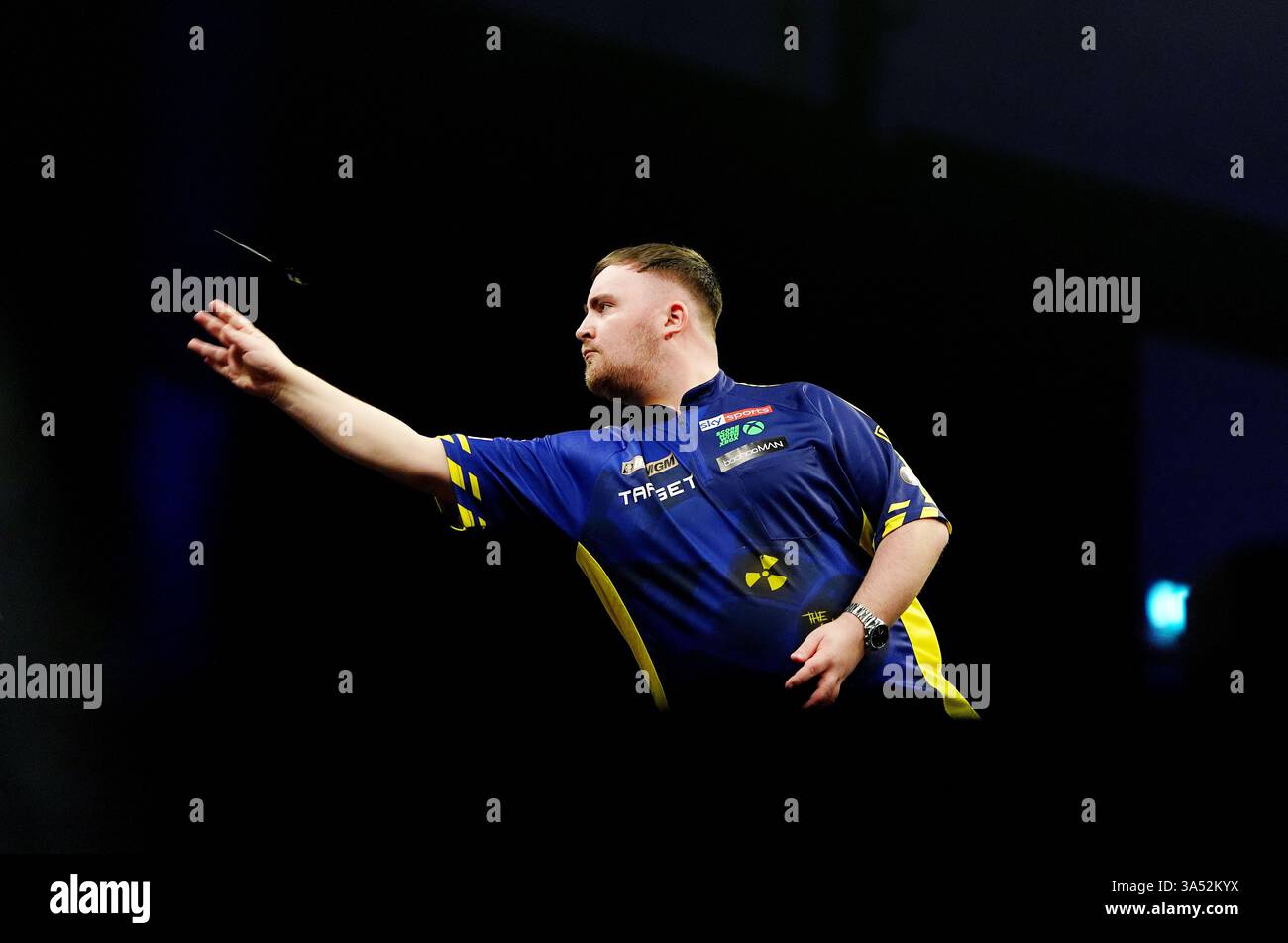 Luke Littler in action against Nathan Aspinall during night seven of ...