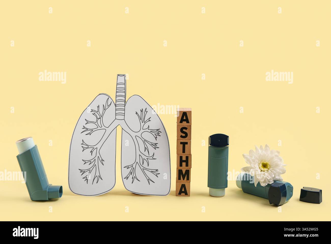 Modern inhalers with word ASTHMA and paper lungs on beige background ...