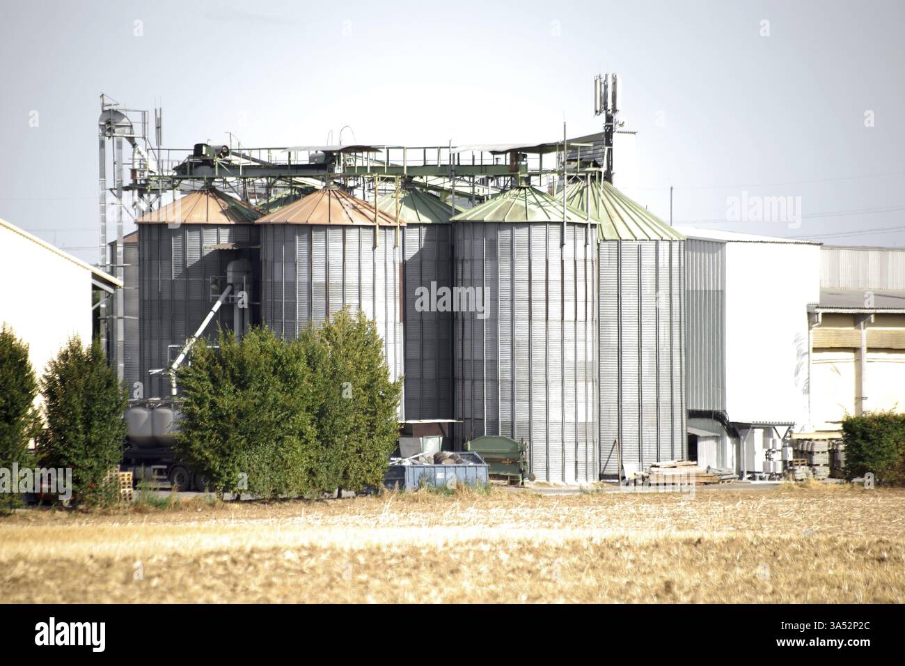 A grain silo with several storage bins on a farm Stock Photo - Alamy