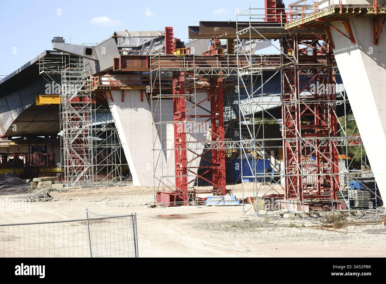 The new construction of a motorway bridge with a V-shaped concrete ...