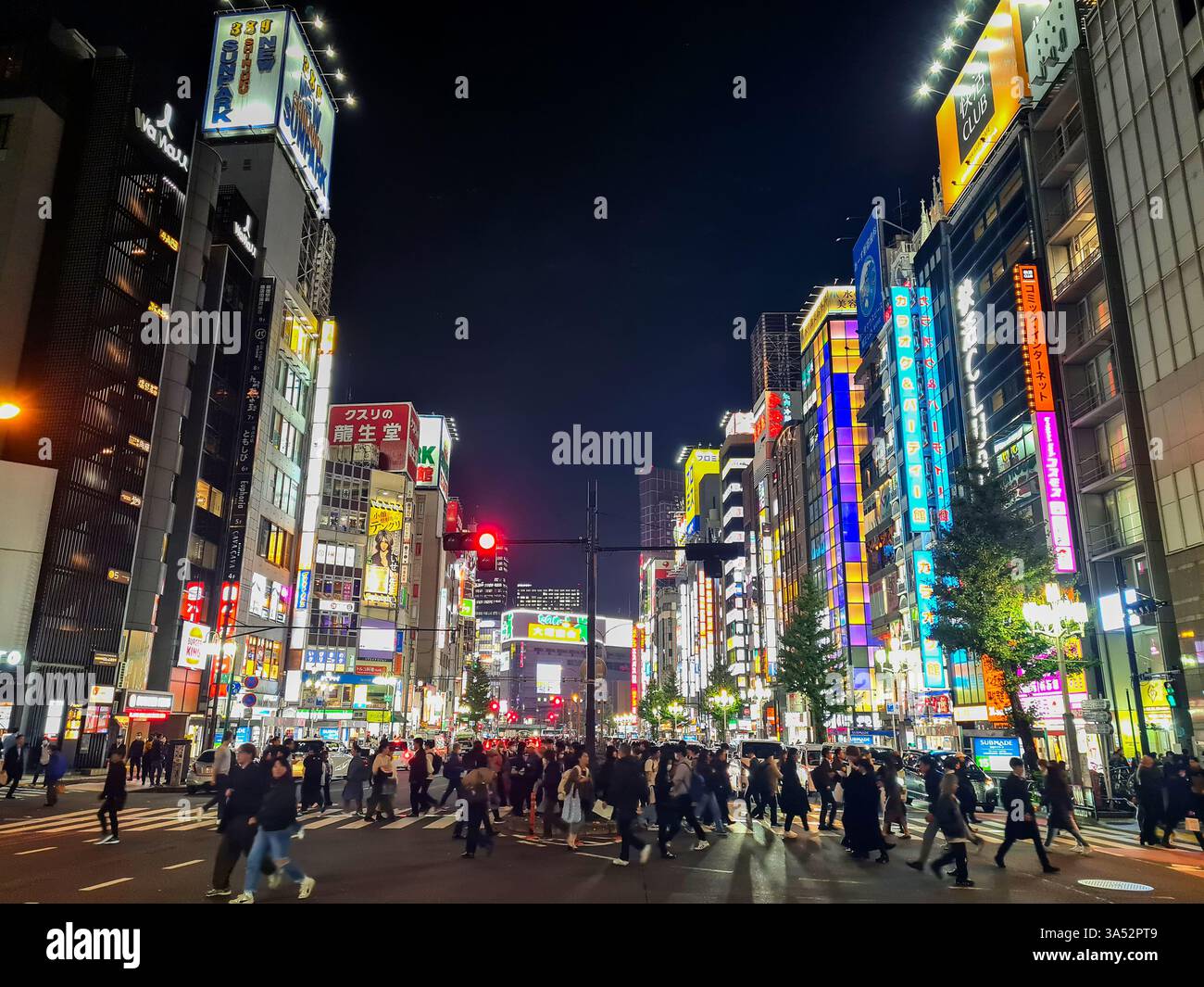 Neon lights and people crossing a road in the Kabukuchi Shinjuku ...