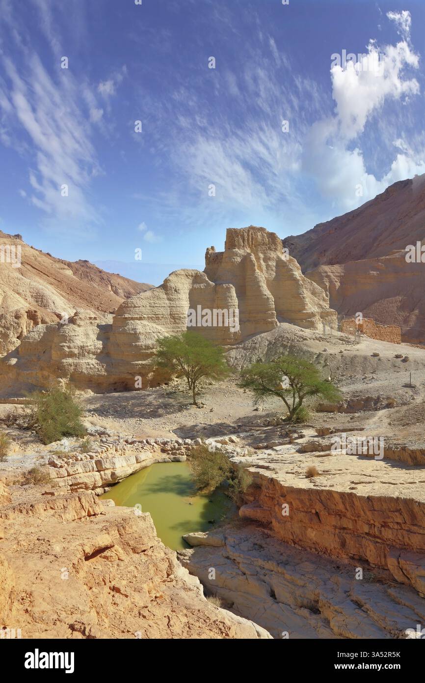 Canyon in ancient mountains at the Dead Sea. A pool with the remains of ...