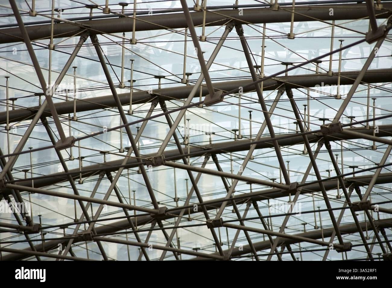Close-up of a metal roof structure supported by steel cables Stock ...