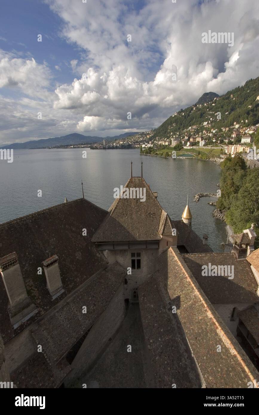 A survey platform on a roof of a medieval fortress Ð¡hillon on coast of ...