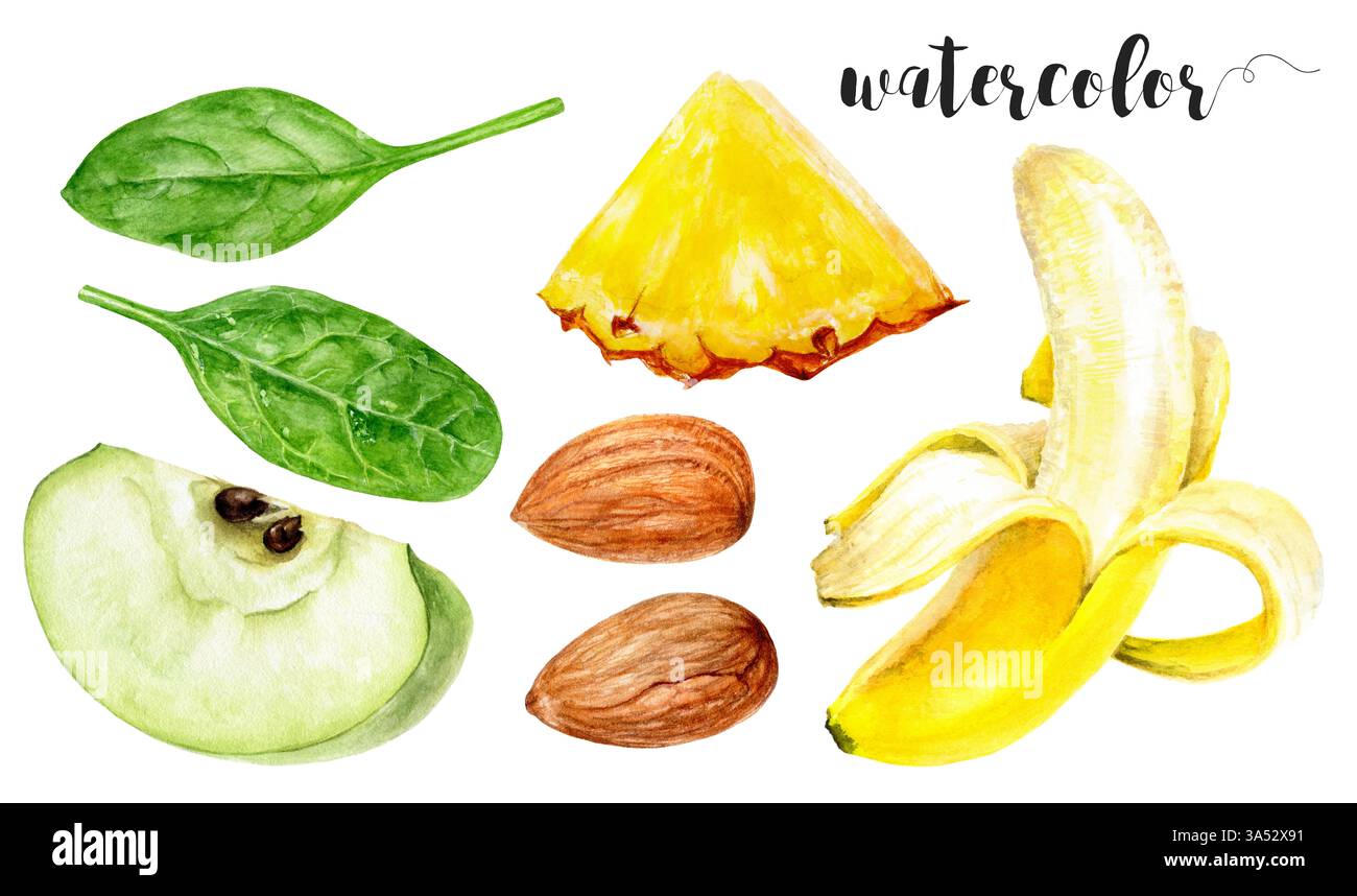 Hand-Painted Watercolor Granny Smith Apple, Spinach, Almond, Pineapple ...