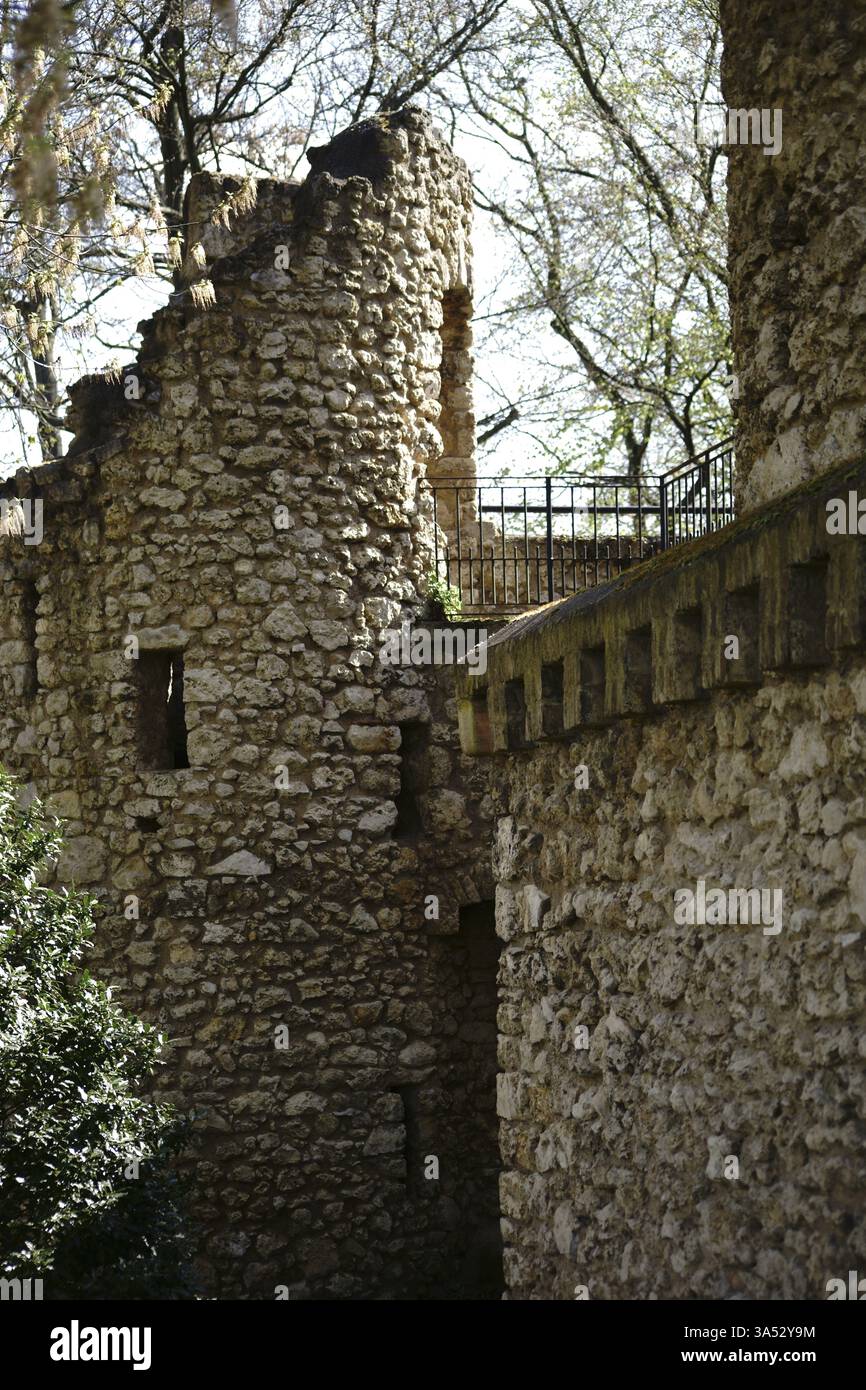 Old ruined defences, bridges and towers of the castle ruins in Verna ...