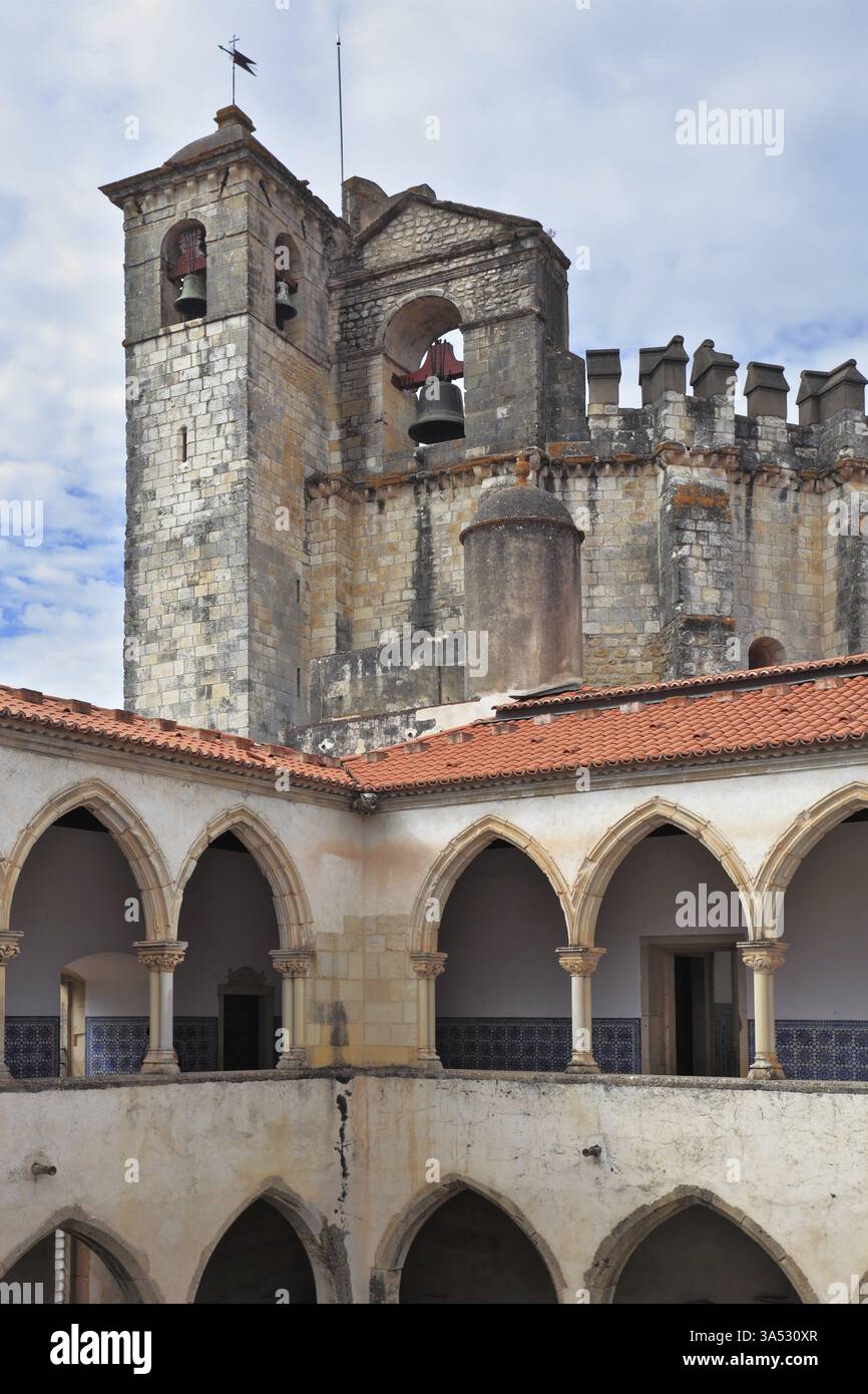 Majestic medieval castle of Templars and belltower. The internal court ...