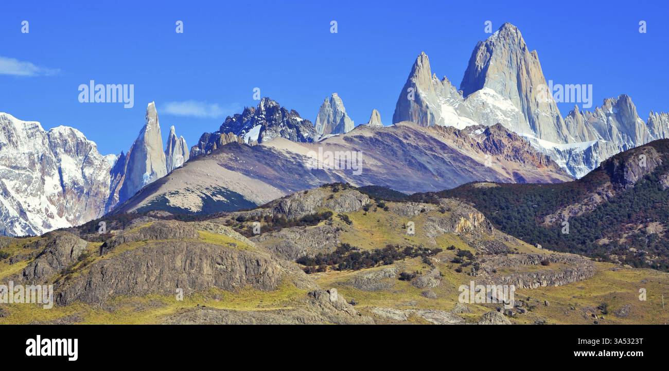 Magnificent panorama of snow-capped mountains in Patagonia. Famous rock ...