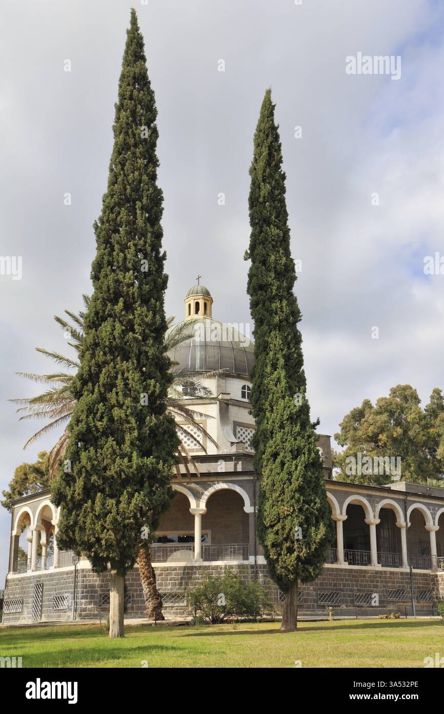 Israel, lake Tiberias. Basilica on Mount of Beatitudes. The majestic ...