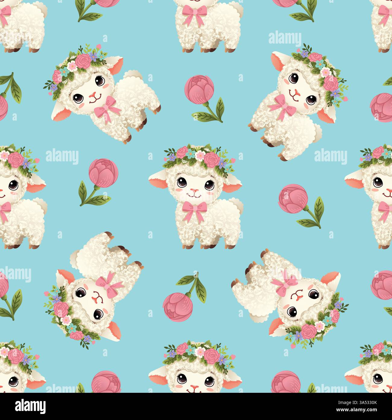 Cute baby lamb seamless pattern with flowers, ideal for textiles ...