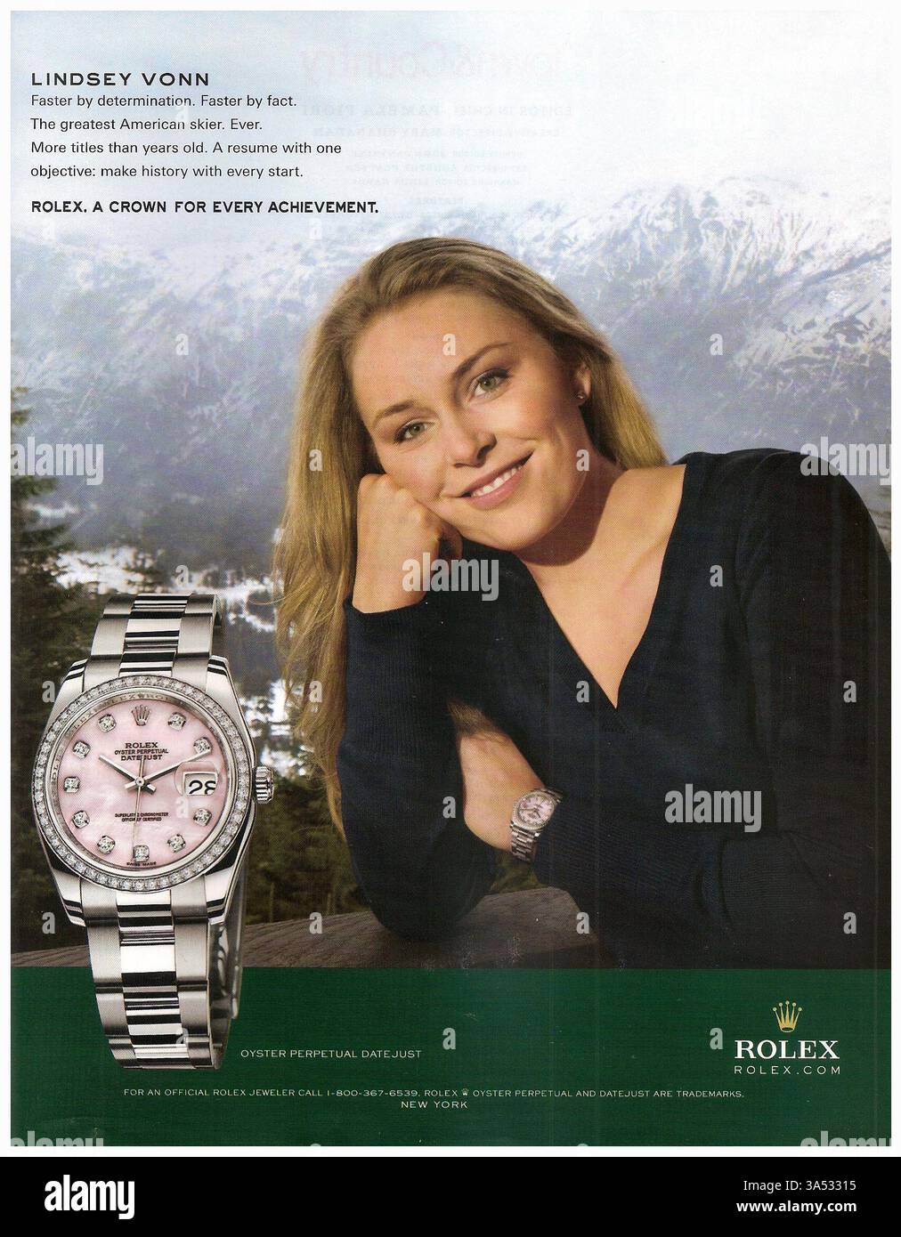 2010 advertisement featuring Lindsey Vonn for Rolex Oyster Perpetual ...