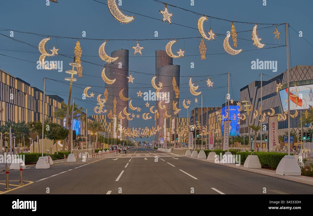 Lusail boulevard in Lusail city, Qatar during Ramadan with illuminated ...