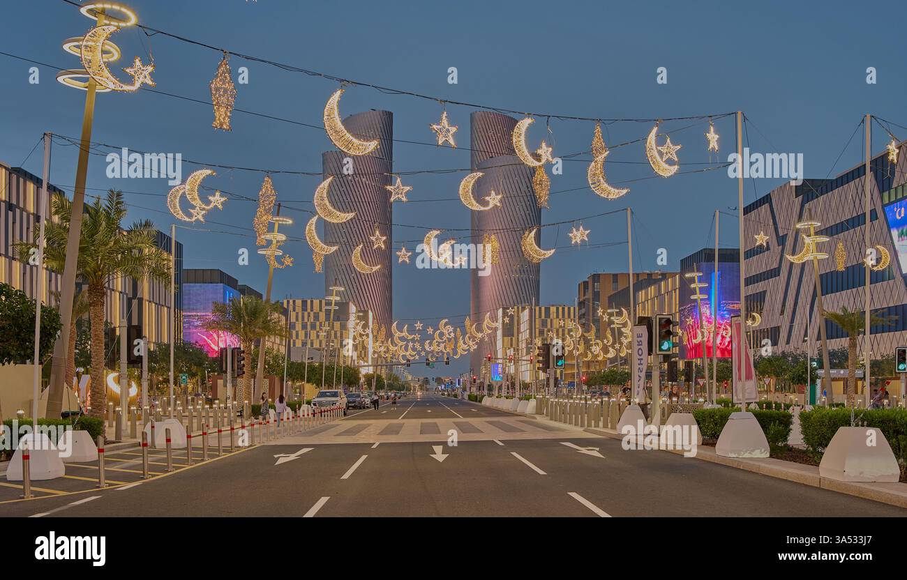 Lusail boulevard in Lusail city, Qatar during Ramadan with illuminated ...