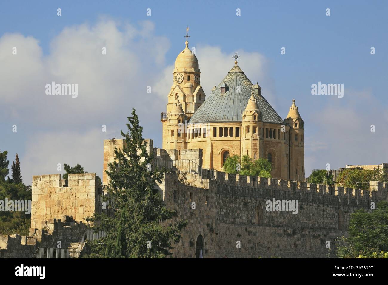 The Catholic Church of Dormition in Jerusalem. The morning sun ...