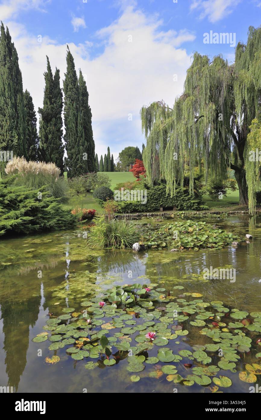 Fabulously beautiful Italian garden Sigurta. A pond with blossoming ...