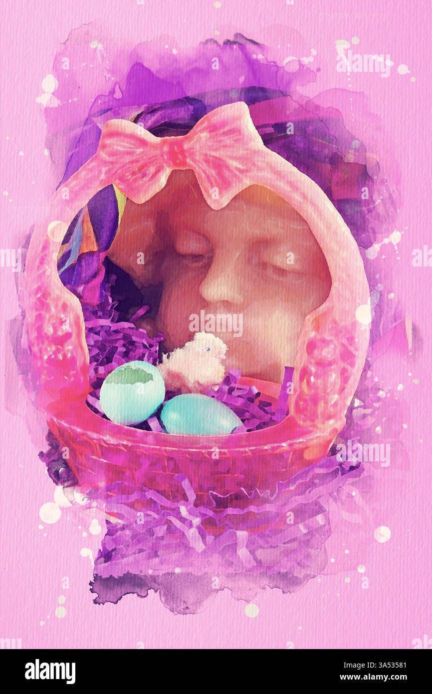 Easter basket with wax child model head looking at new bird hatched ...