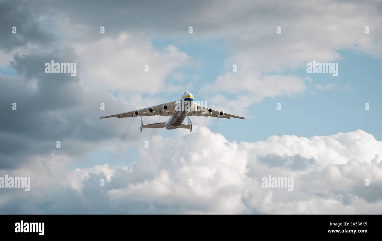 An-225 gaining altitude after take-off. Vertical image of the huge ...