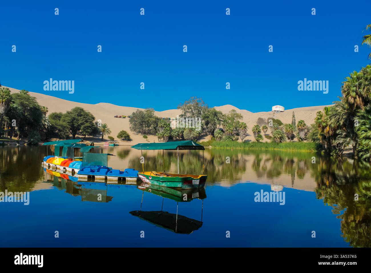 Dunes of Ica city, oasis Huacachina in Peru. Lake with palm trees ...