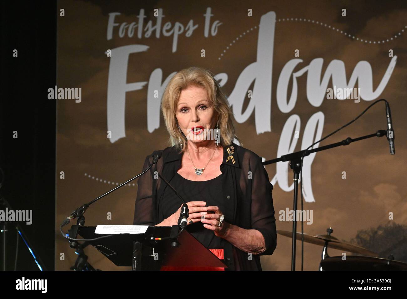 EDITORIAL USE ONLY Dame Joanna Lumley speaking at Born Free's ...