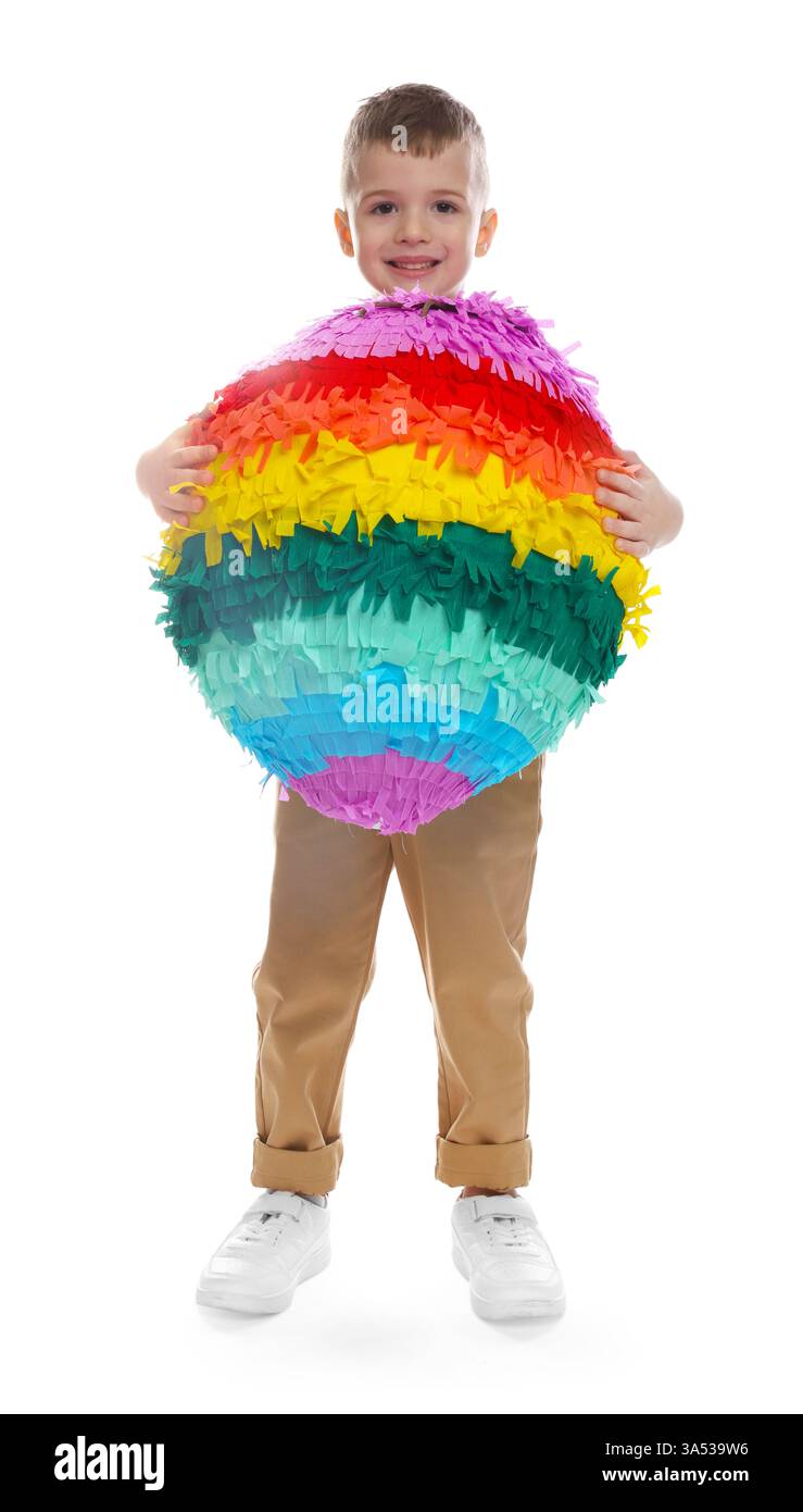 Happy boy with colorful pinata on white background Stock Photo - Alamy
