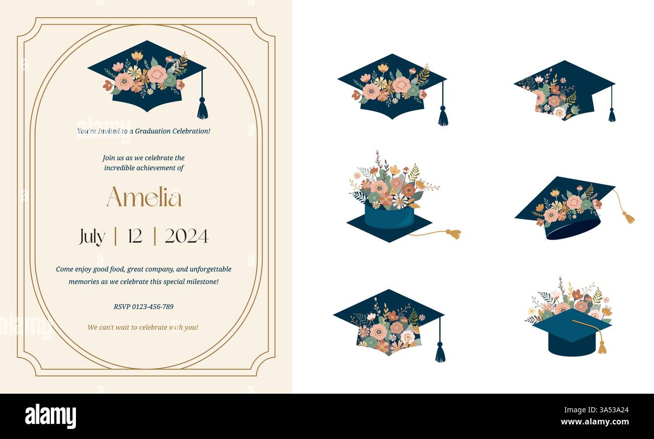 Art Deco Framed Graduation Party Invitation with Floral Graduation Caps ...