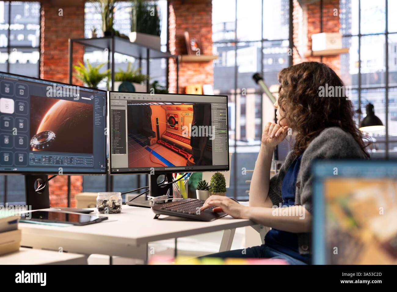 Woman works with AI generated app to develop a futuristic spaceship ...