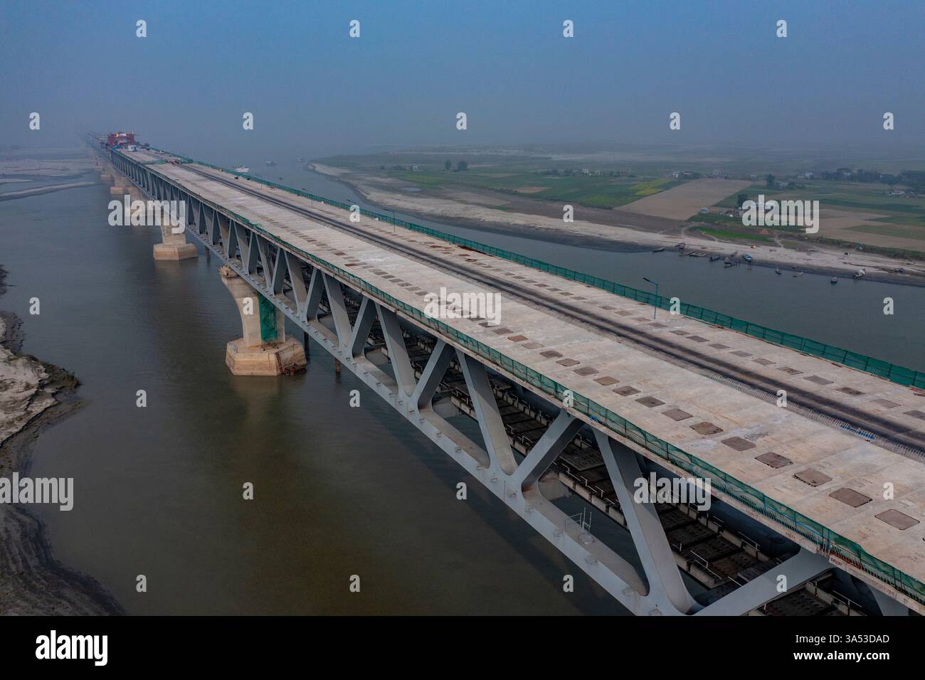 An aerial view of the under-construction Padma Bridge, connecting both ...