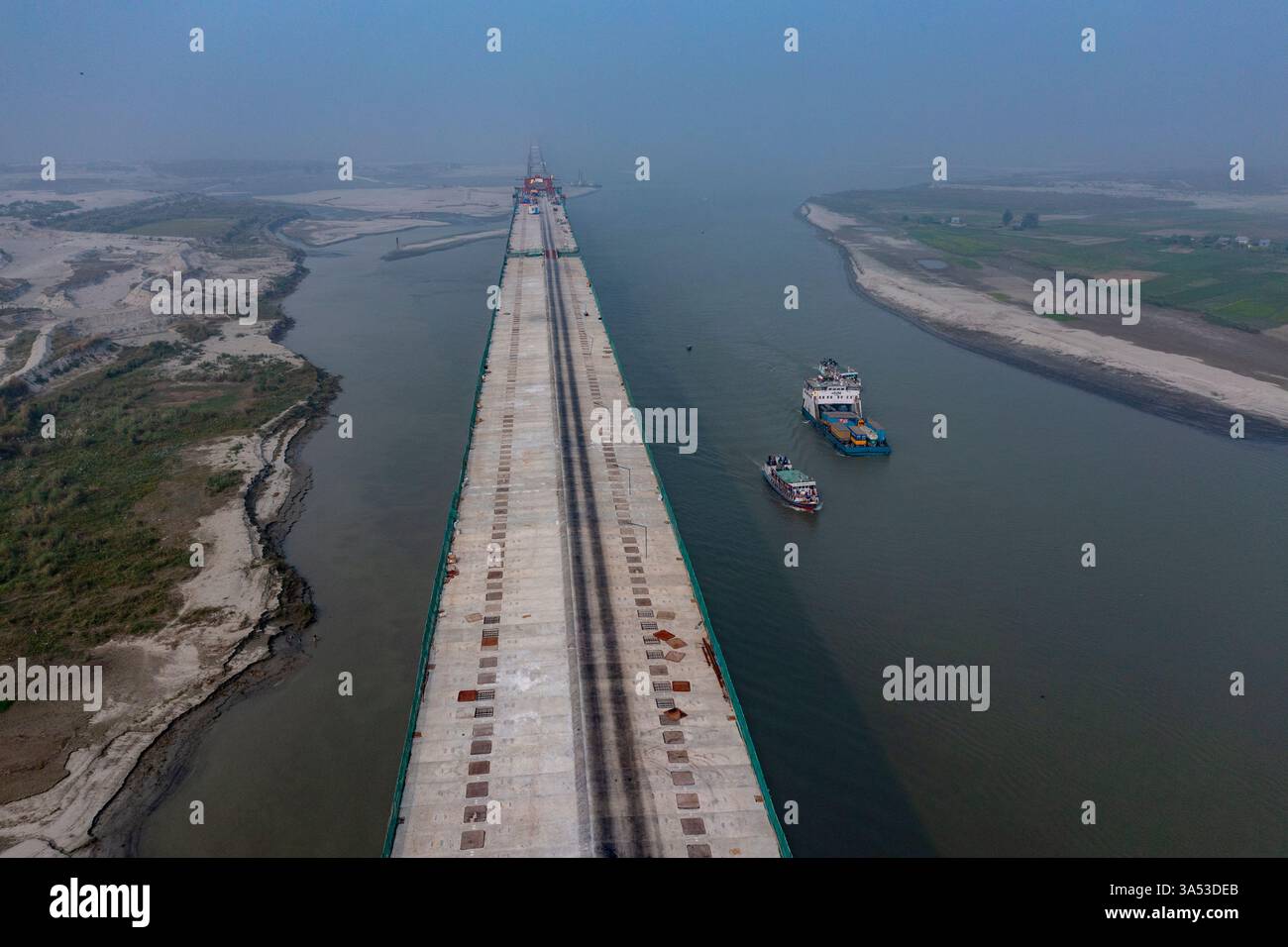An aerial view of the under-construction Padma Bridge, connecting both ...