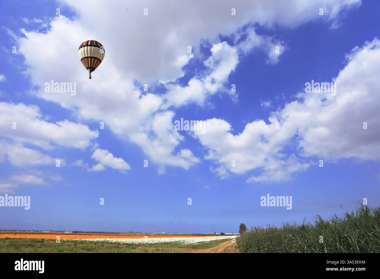 Scenic hot air balloon in free flight. Gorgeous day in April in ...