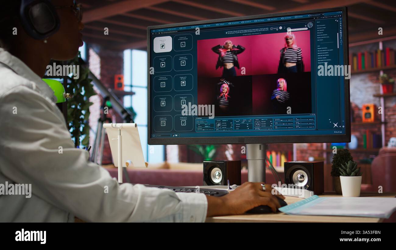 Woman in home office using AI software turning text prompt into photos. Person in apartment ...